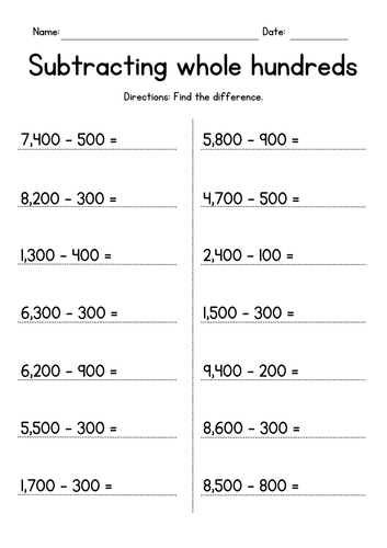 Subtracting Whole Hundreds Subtraction Worksheets Teaching Resources