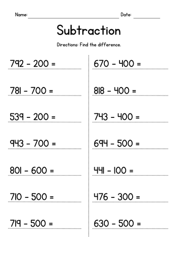 Subtracting Whole Hundreds from 3-Digit Numbers | Teaching Resources