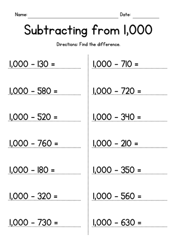 Subtracting Whole Tens from 1,000 | Teaching Resources