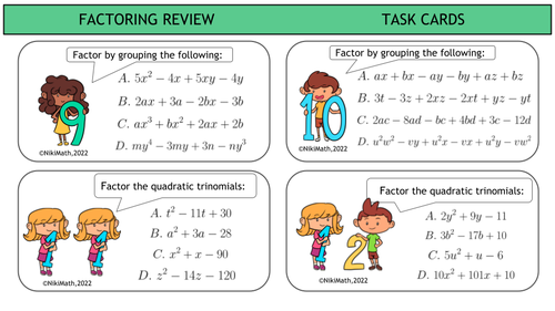 Factoring Polynomials Review - 14 Task Cards (56 Problems) | Teaching ...