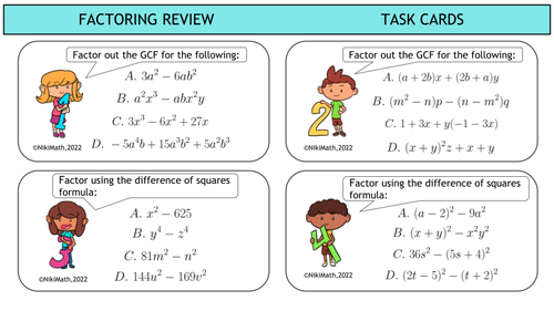 Factoring Polynomials Review - 14 Task Cards (56 Problems) | Teaching ...