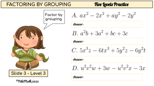 Factoring by Grouping - 5 Levels Practice | Teaching Resources