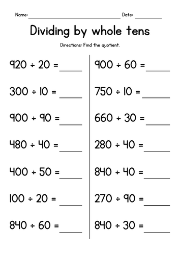 Dividing by Whole Tens - Division Worksheets | Teaching Resources