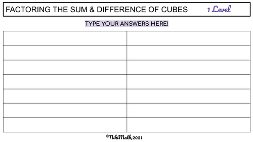 Factoring the Sum and Difference of Cubes - 4 Levels Practice/Group ...