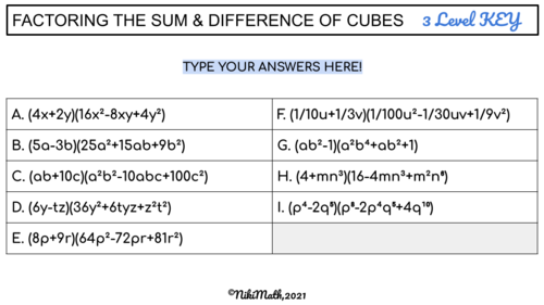 Factoring the Sum and Difference of Cubes - 4 Levels Practice/Group ...