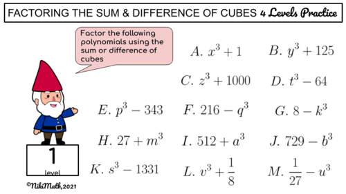 Factoring the Sum and Difference of Cubes - 4 Levels Practice/Group ...