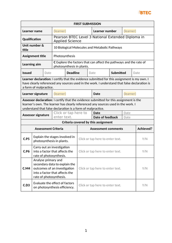 BTEC AppSci RQF 10C Assignment Brief | Teaching Resources