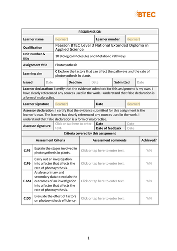 BTEC AppSci RQF 10C Assignment Brief | Teaching Resources