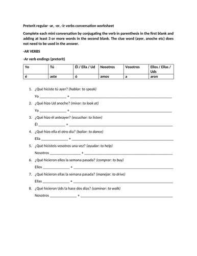Regular preterit conversation worksheet | Teaching Resources