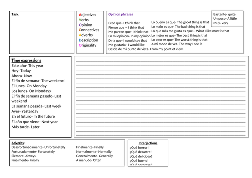 Writing help sheet | Teaching Resources