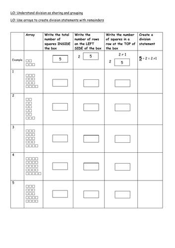 Use arrays to create division statements with remainders | Teaching ...