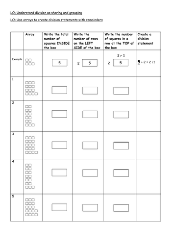 Use arrays to create division statements with remainders | Teaching ...