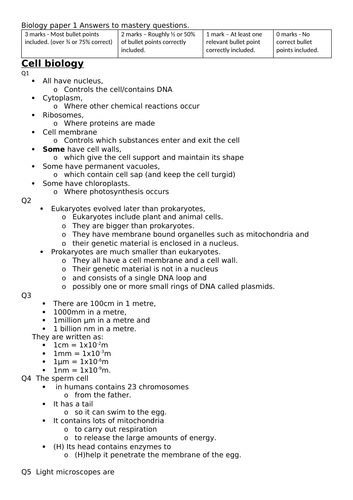 AQA Trilogy Biology 1 mastery questions and answers | Teaching Resources