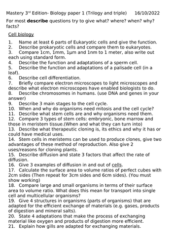 AQA trilogy biology paper 1 mastery questions and answers (H ...