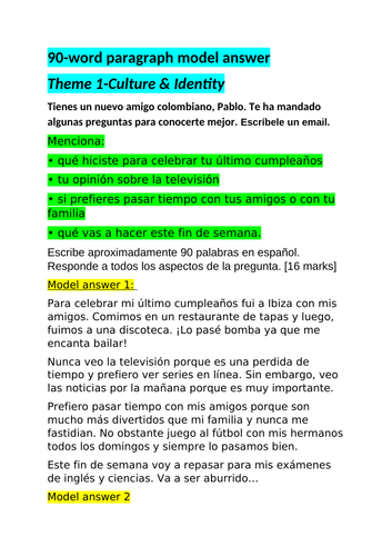 GCSE Spanish WRITING: 90-Word paragraph task model answers x 9 -AQA ...