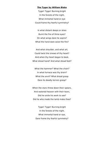 The Tyger - English and Guided Reading Planning and Resources ...