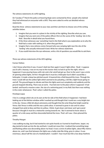 Writing activities connected to UFO sightings | Teaching Resources