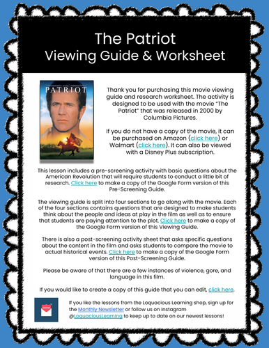 The Patriot Viewing Guide & Worksheets (The American Revolution ...