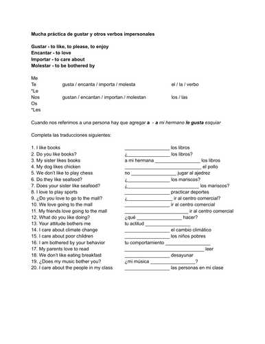 Practice impersonal verbs like gustar and encantar | Teaching Resources