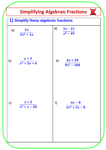 Complete lesson: Simplifying Algebraic Fractions. PPT, WORKSHEET and ...