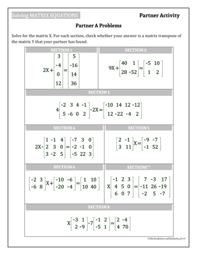 Solving Matrix Equations - Partner Activity (Answers - A Matrix & Its ... Solving Matrix Equations - Partner Activity (Answers - A Matrix & Its ...