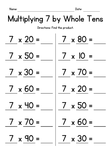 Multiplying 7 by Whole Tens - Multiplication Worksheets | Teaching ...