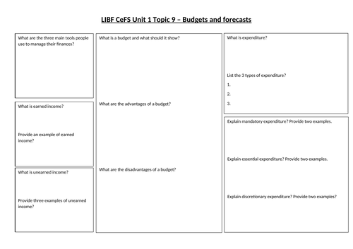 LIBF CeFS Unit 1 Topic 9 Task Sheet - Budgets and forecasts | Teaching ...