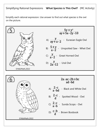 Simplifying Rational Expressions - "What Species is This Owl?" Multiple ...