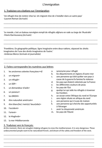 l'immigration A level french worksheet | Teaching Resources