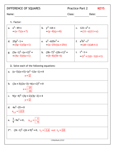 Difference of Squares Formula - Practice (Part1 & Part2) - 30 problems ...