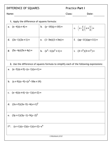 Difference of Squares Formula - Practice (Part1 & Part2) - 30 problems ...