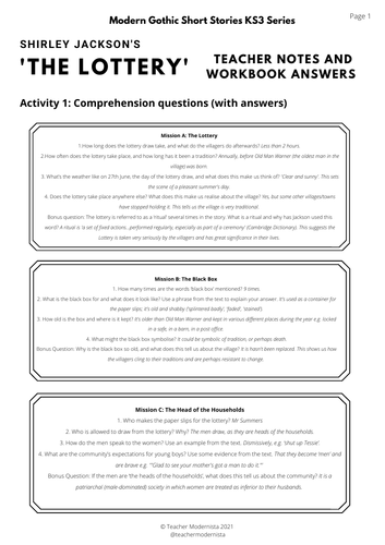 'The Lottery' Full Workbook & Answers | Teaching Resources
