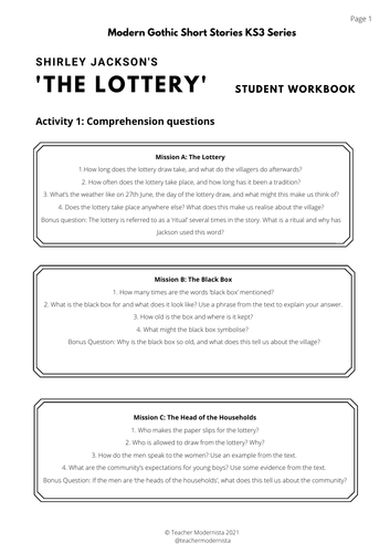 The Lottery Shirley Jackson Comprehension Task (FREE) | Teaching Resources