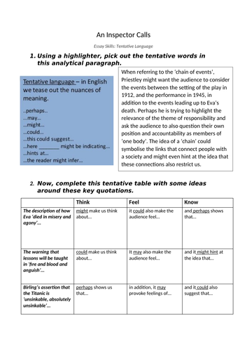 An Inspector Calls Essay Skills | Teaching Resources