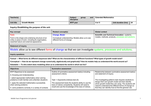 MYP Maths Unit Planner - Growth Models | Teaching Resources