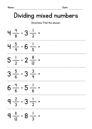 Dividing Mixed Numbers Worksheets | Teaching Resources