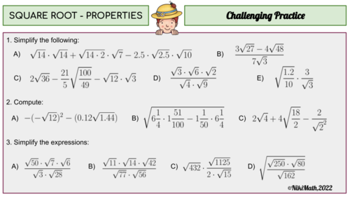 Properties of Square Roots - Partner Activity plus Independent Practice ...