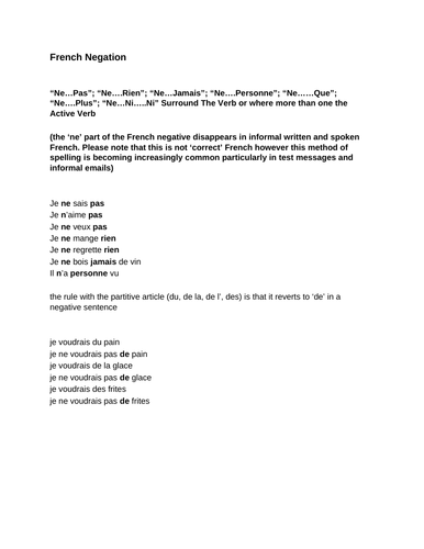 Home School Resource Forming the negative in French; ne..pas; ne ...