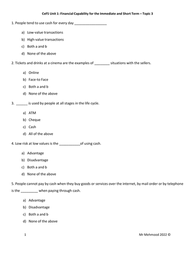LIBF - Unit 1 - Topic 3 MCQ | Teaching Resources