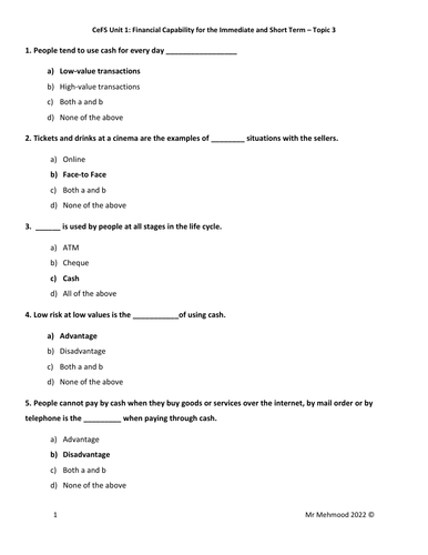 LIBF - Unit 1 - Topic Multiple Choice Questions | Teaching Resources