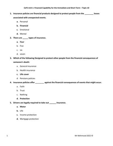 LIBF - Unit 1 - Topic Multiple Choice Questions | Teaching Resources