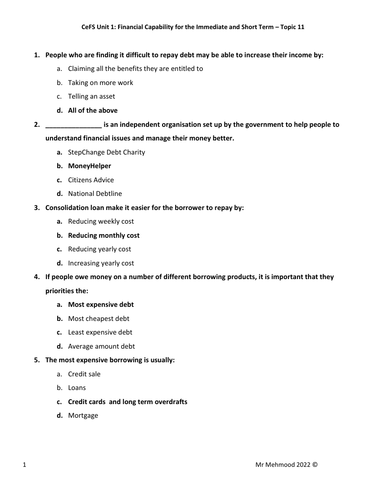 LIBF - Unit 1 - Topic Multiple Choice Questions | Teaching Resources