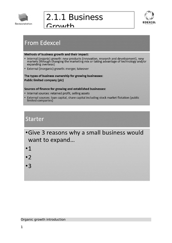 Edexcel GCSE Business 2.1.1. Business Growth | Teaching Resources