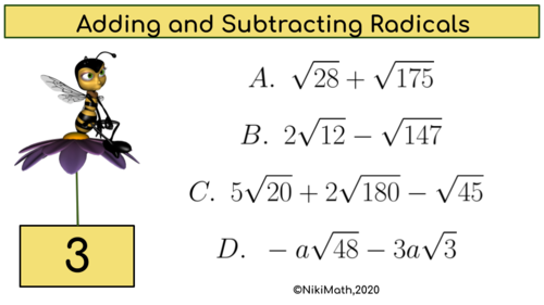Adding & Subtracting Radicals - 6 Task Cards/Slides (4 problems per ...