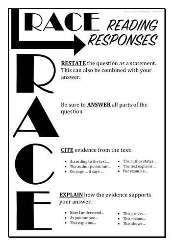 RACE - Reading Responses Answer Guide | Teaching Resources