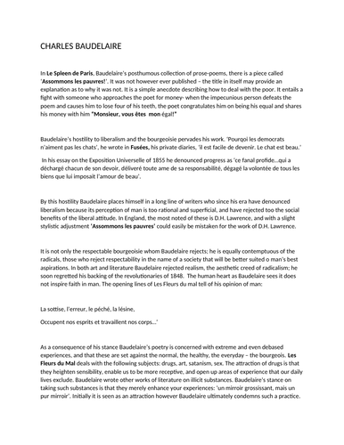 French A LEVEL IRP - information sheet on Baudelaire | Teaching Resources