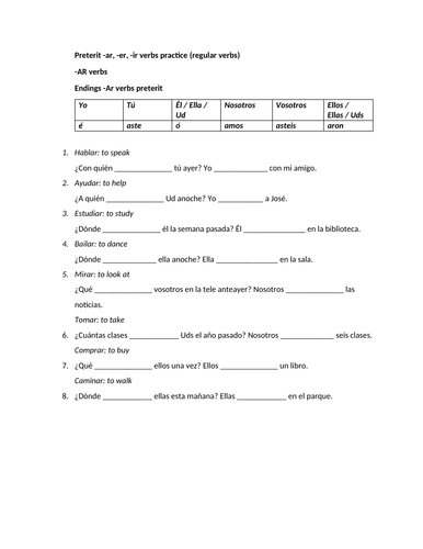 Preterit regular verbs tiny conversations practice | Teaching Resources