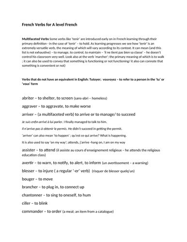 French A Level Grammar REVISION SHEET - conjugation of verbs and ...