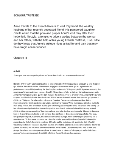 A LEVEL FRENCH BONJOUR TRISTESSE - chapters 3, 4 and 5 lesson plan ...