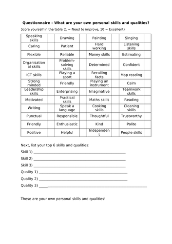 Personal Skills and Qualities Questionnaire | Teaching Resources
